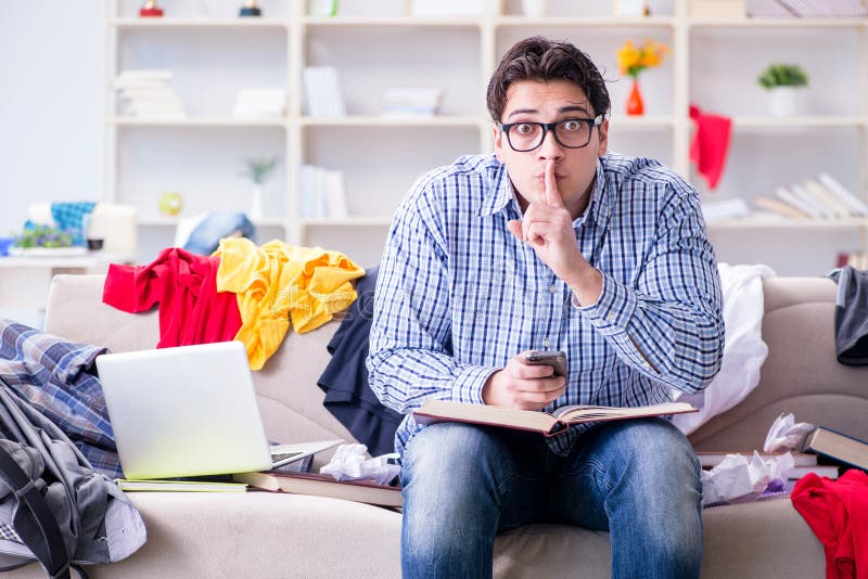 The Young Man Working Studying in Messy Room Stock Image - Image of ...