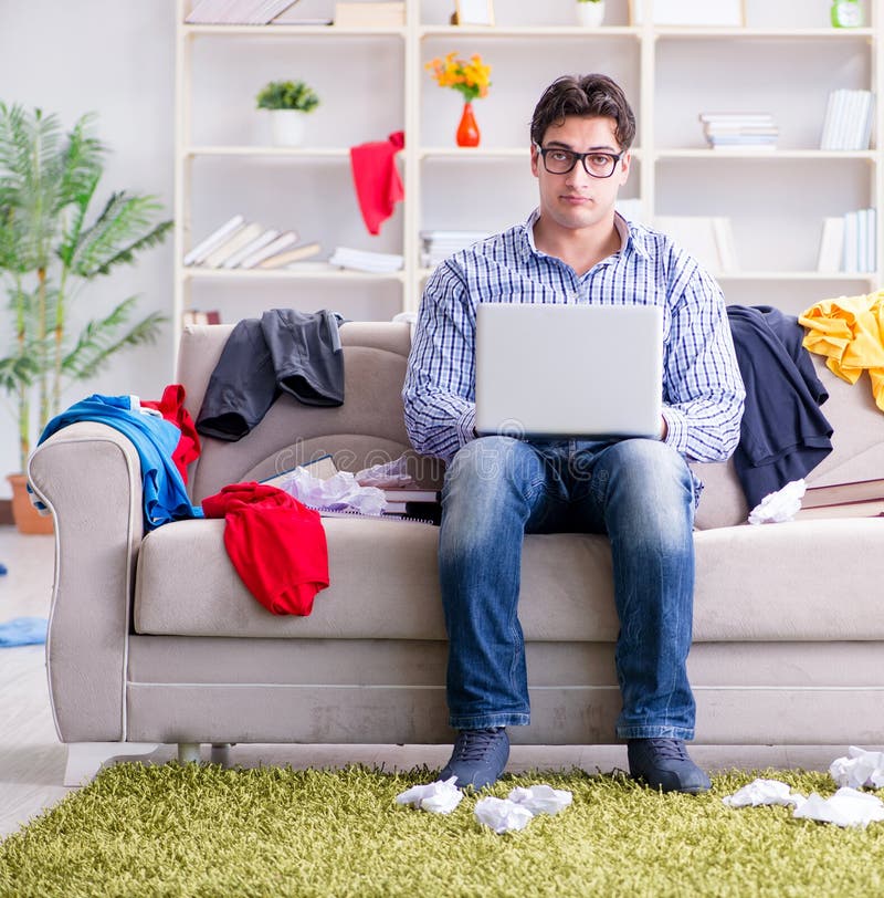 Young Man Working Studying in Messy Room Stock Image - Image of ...