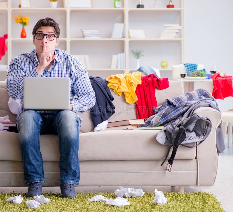 Young Man Working Studying in Messy Room Stock Photo - Image of class ...