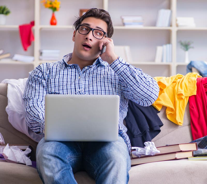 Young Man Working Studying in Messy Room Stock Image - Image of ...