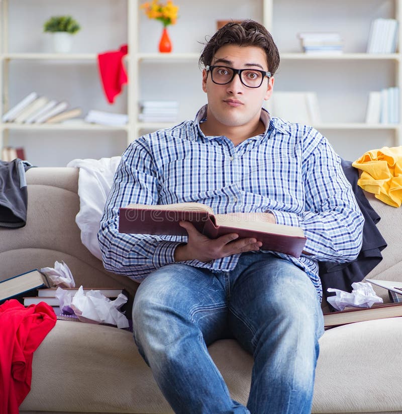 Young Man Working Studying in Messy Room Stock Image - Image of ...