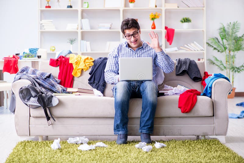 The Young Man Working Studying in Messy Room Stock Image - Image of ...
