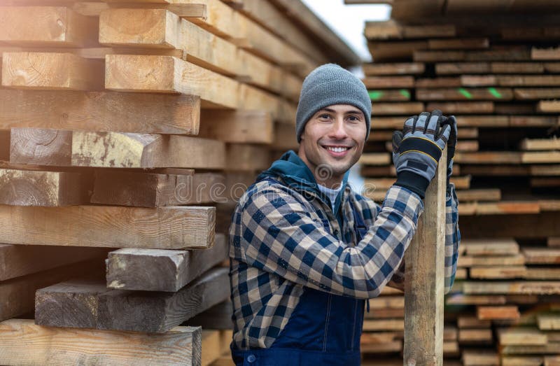 Young Male Worker in Timber Warehouse Stock Image - Image of plywood ...