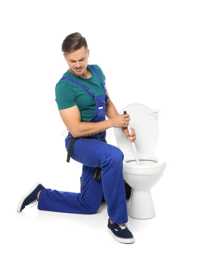 Young Man Working with Toilet Bowl, Isolated Stock Photo - Image of ...