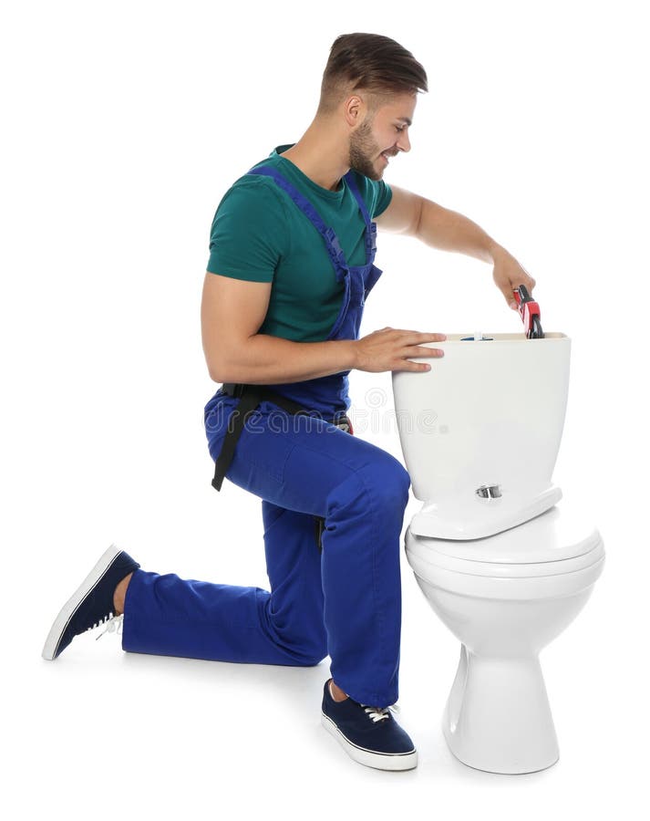 Young Man Working with Toilet Tank, Isolated Stock Photo - Image of ...