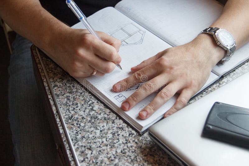 Young Man Working on the Train, Write in a Large Notebook with Copy ...