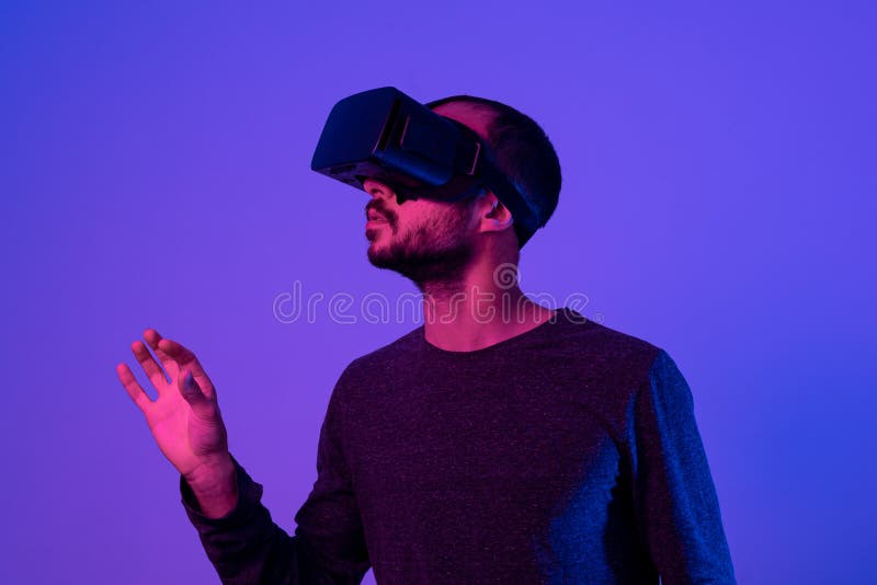 Young Man Working with Vr Headset Device, Moving Virtual Object with ...