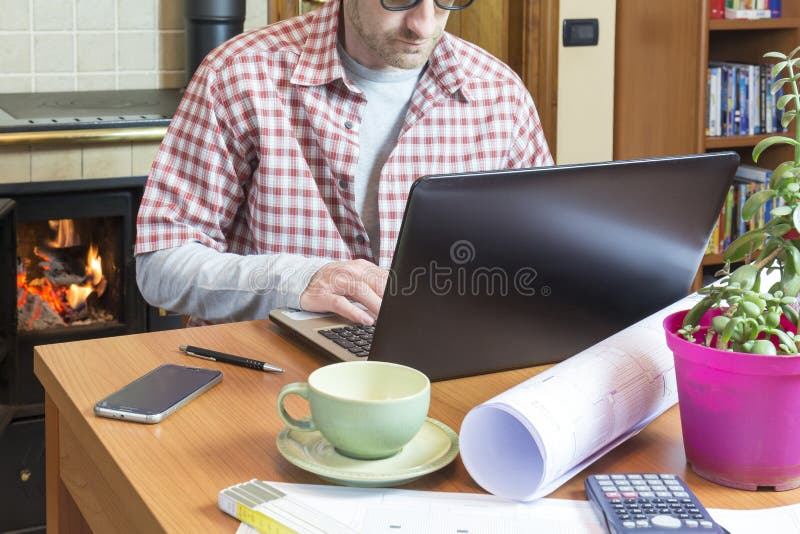 Young Man Works Remotely through Internet Connection Stock Photo ...