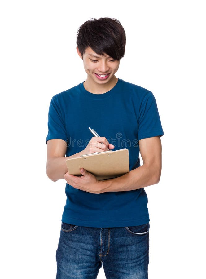Young Man Write on Clipboard Stock Image - Image of blue, clothes: 47744211