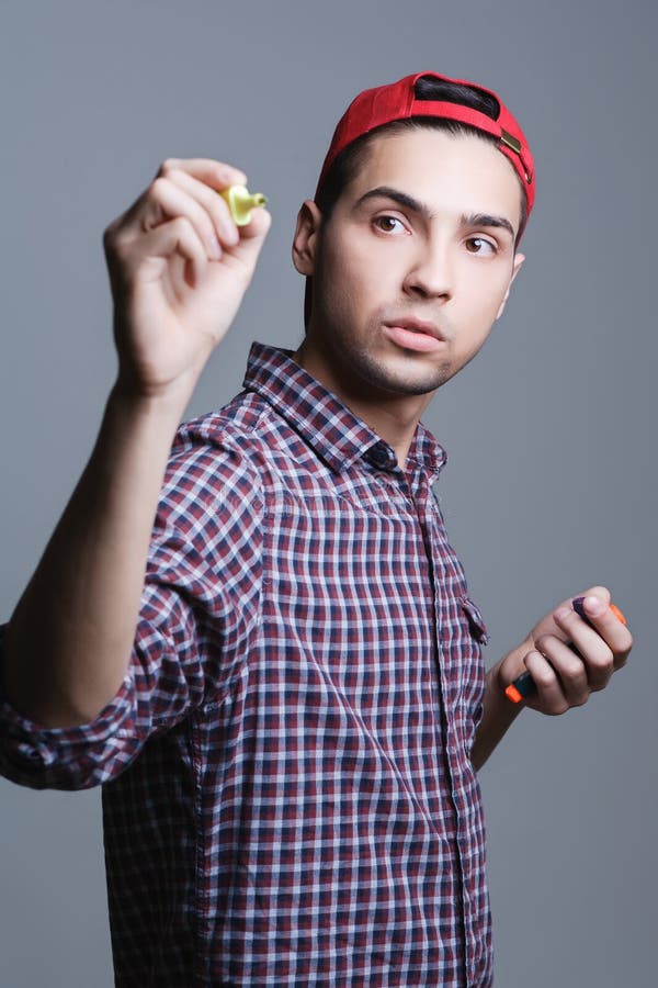 Young Man Writes the Text in the Air, the Topic of Students and ...