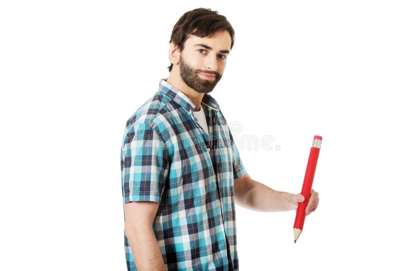 Young Man Writing with Big Red Pencil. Stock Image - Image of hand ...