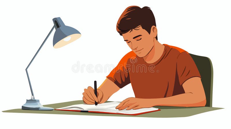 Young Man Writing while Doing Homework by Friend S Side. Stock Vector ...