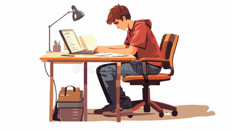 Young Man Writing while Doing Homework by Friend S Side. Stock Vector ...
