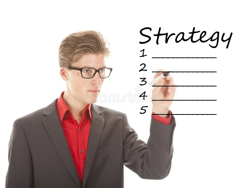 Young Man Writing Strategy on White Isolated Background Stock Image ...