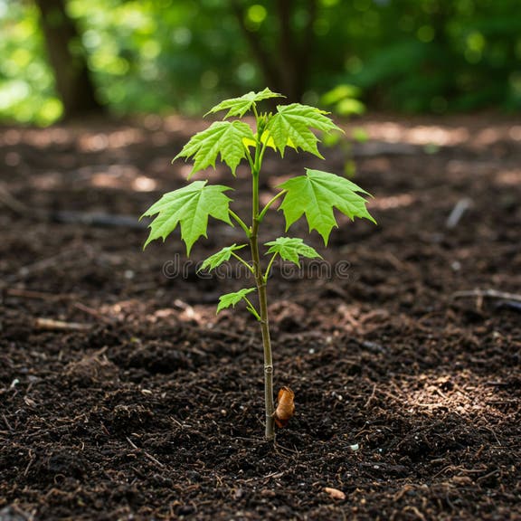 Young Maple Tree (Acer Spp.) Sapling Emerging from Rich, Dark Soil in a ...