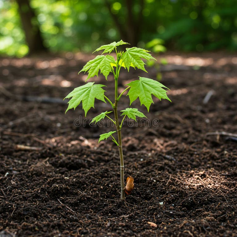 Young Maple Tree (Acer Spp.) Sapling Emerging from Rich, Dark Soil in a ...