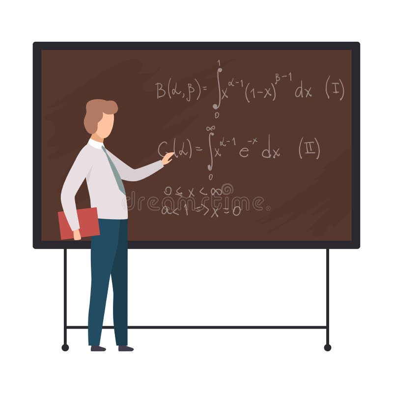 Young Math Man Teacher Standing at the Blackboard and Explaining ...