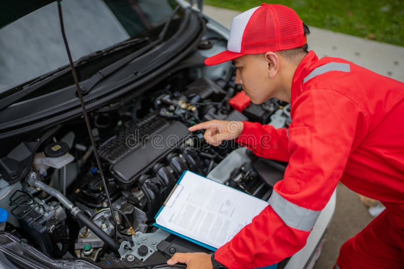 A Young Mechanic Conducts a Thorough Engine Inspection while Using a ...