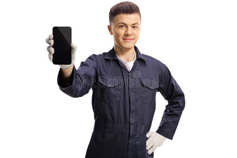 Young Mechanic Holding a Mobile Phone and Pointing Stock Image - Image ...