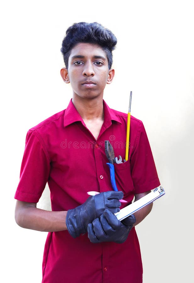 Young Mechanic Writing on a Clipboard on a White and Gray Background ...