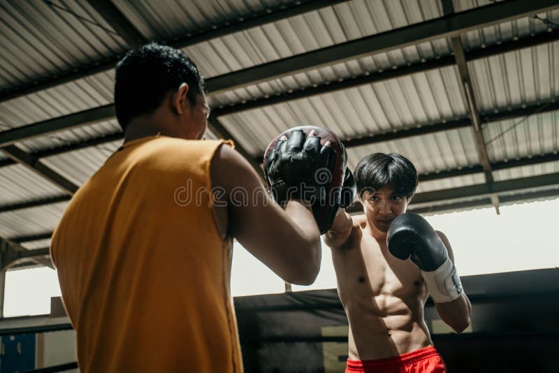 Young Man Boxer Doing Exercise Hitting Punching Competing with His ...