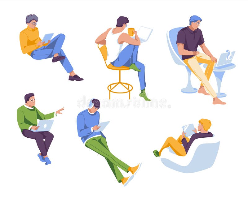 Young Men in Different Poses Work or Study with a Laptop or Tablet ...