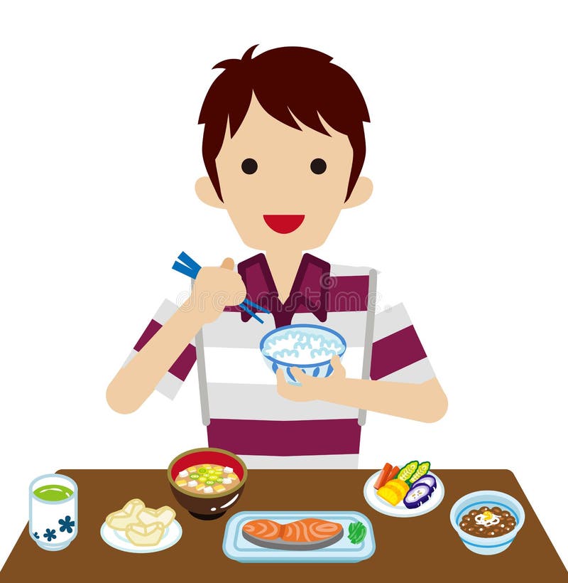 Young Men Eating Japanese Breakfast Stock Vector - Illustration of cute ...