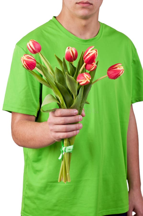 Young Men Give the Flowers Over White Backgroung Stock Photo - Image of ...