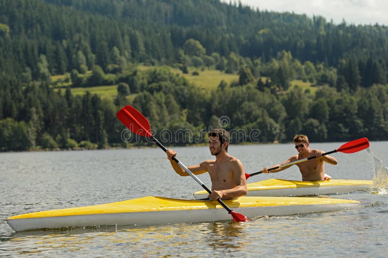 Kayaking Sporty Men on River Sunshine Stock Photo - Image of outdoors ...