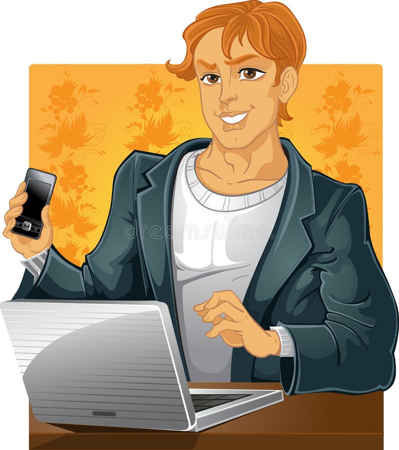 Young Men with Phone and Laptop on Yellow Backgrou Stock Illustration ...