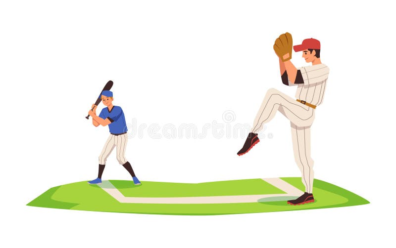 Young Men Playing Baseball, Pitcher Throwing Ball To Batter, Flat ...