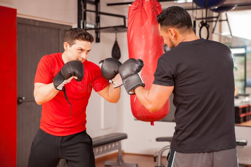 Young Men Sparring in Boxing Room Stock Image - Image of good, exercise ...