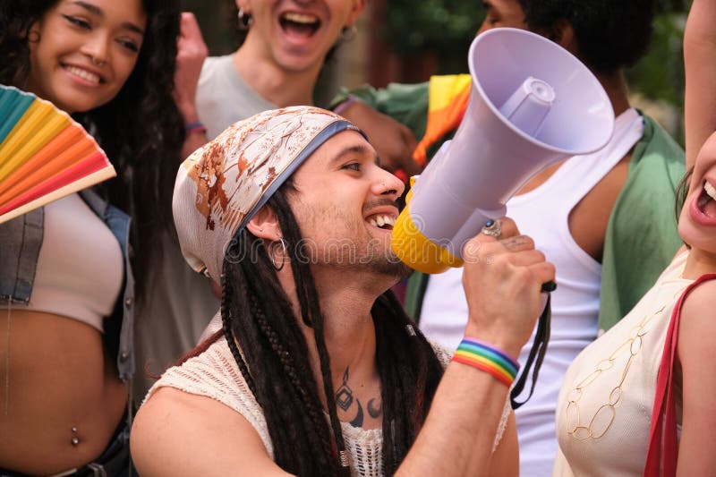 Activist Speaking with Megaphone at LGBT Pride Parade Promoting Equal ...