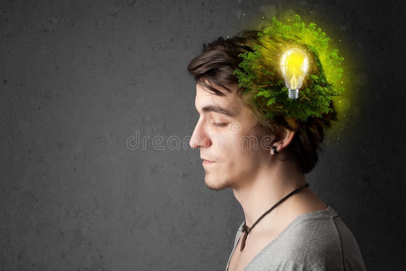 Young Mind Thinking of Green Eco Energy with Lightbulb Stock Photo ...