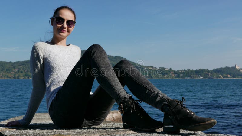 Young Model Poses by the Lake Stock Image - Image of female, sitting ...