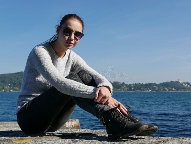 Young Model Poses by the Lake Stock Image - Image of lifestyle ...