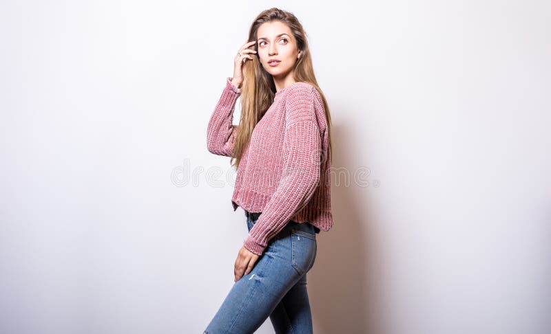 Young Model Woman in Sweater Pose in Studio. Stock Image - Image of ...
