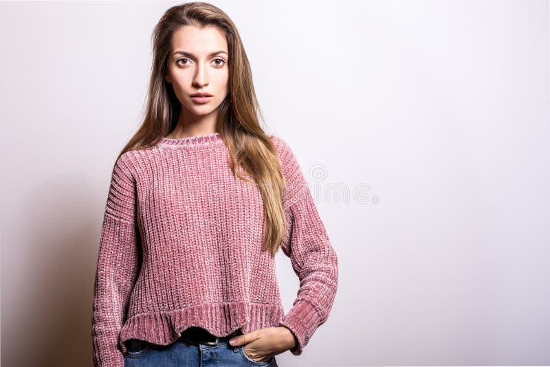 Young Model Woman in Sweater Pose in Studio. Stock Image - Image of ...