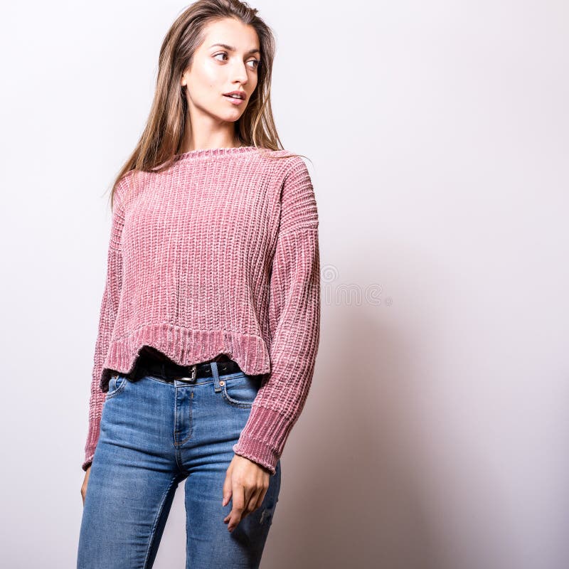Young Model Woman in Sweater Pose in Studio. Stock Image - Image of ...