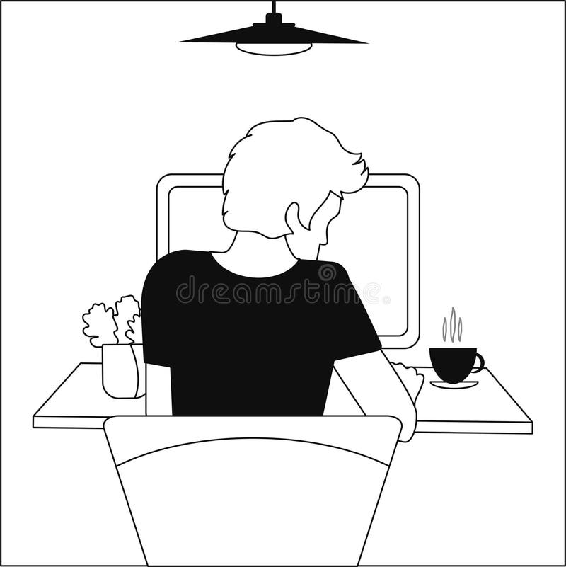 Young Modern Guy Working on Laptop at Home or Office. Black and White ...