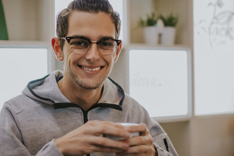 Smiling Man Drinking Coffee Stock Photo - Image of breakfast, happy ...