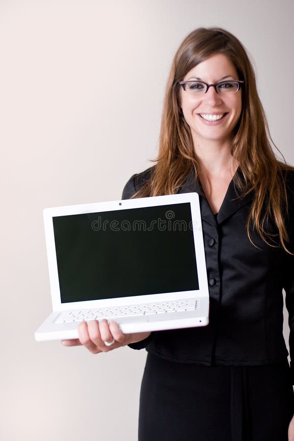 Young Modern Woman Holding Laptop Smiling. Stock Photo - Image of ...