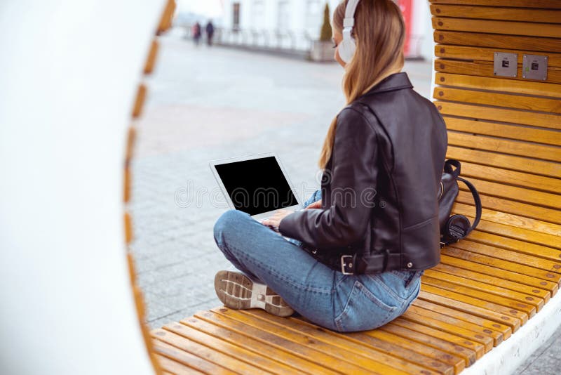 Young Modern Woman Turning on Her Computer Stock Image - Image of ...