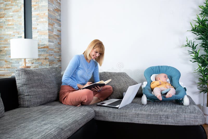 Young Mommy and Her Baby on the Couch Stock Image - Image of female ...