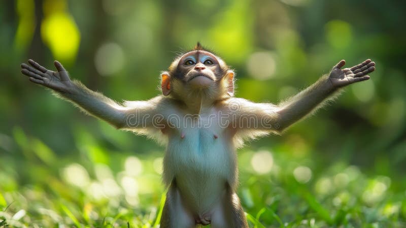 Young Monkey with Arms Raised in Forest Setting, Natural Habitat ...
