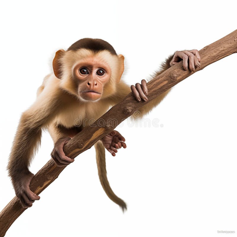 Young Monkey Climbing on Tree Branch Isolated on White Background Stock ...