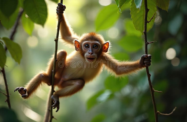 Young Monkey Hangs on Vine, Swinging through Leafy Forest. Small ...