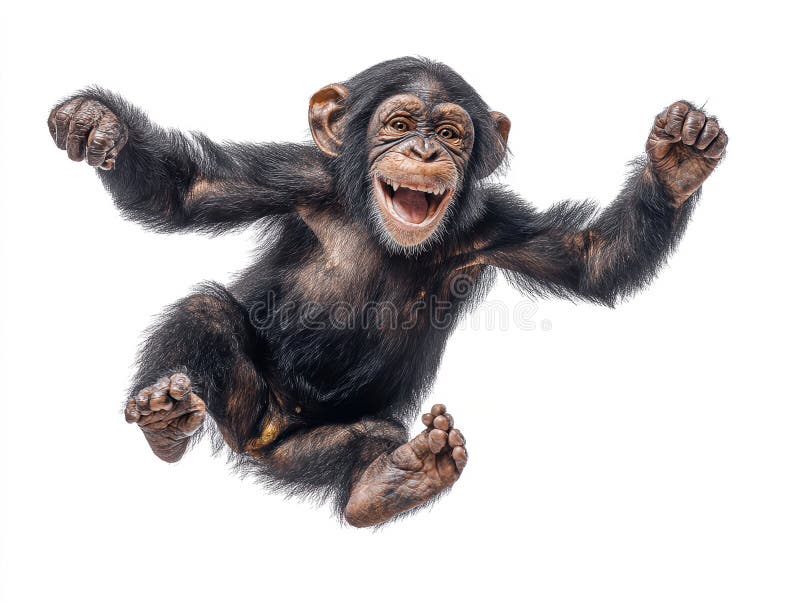 Young Monkey Jumping, Expressive Pose, Dark Fur, Open Mouth Possibly ...