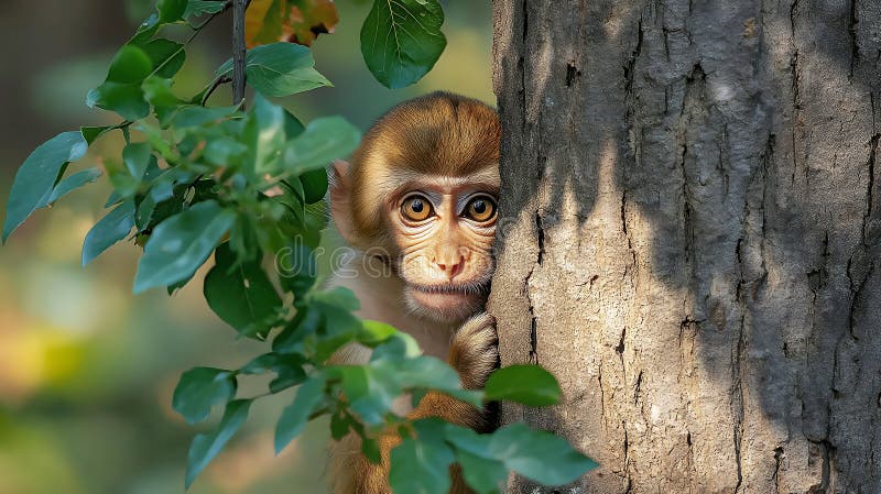 Curious Monkey Peeking from Behind a Tree Stock Illustration ...