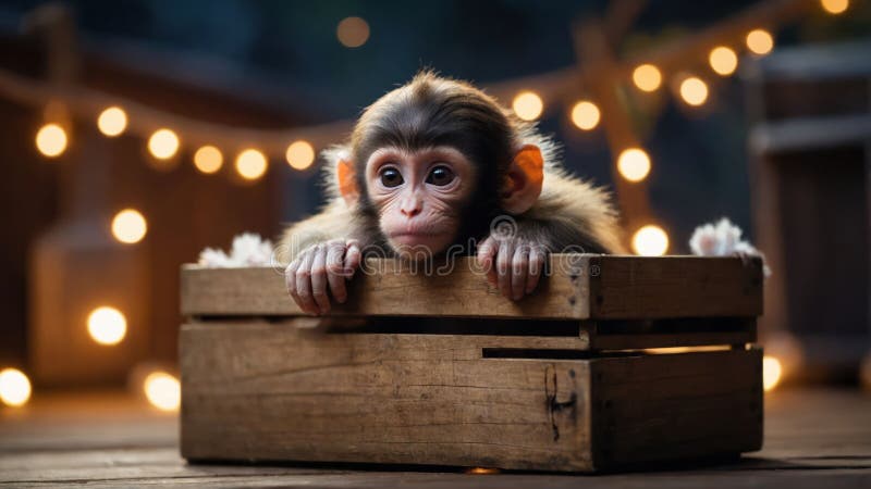 Adorable Baby Monkey in Wooden Crate with Fairy Lights Stock ...